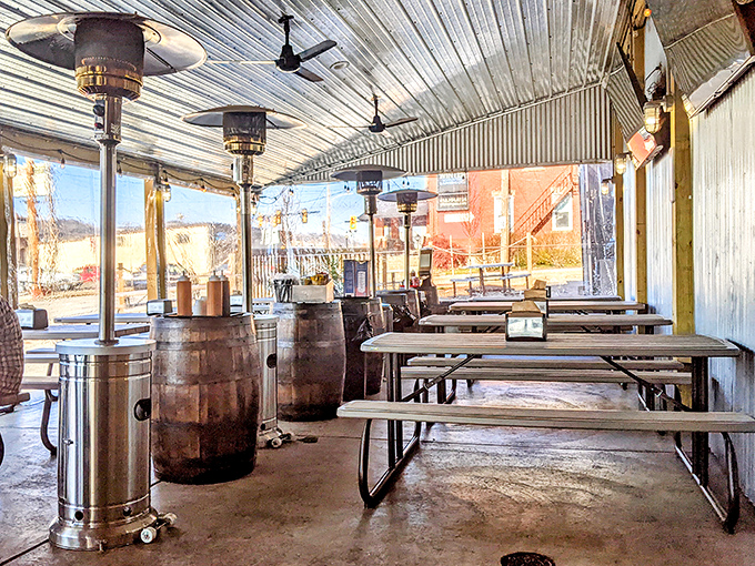 Outdoor dining with overhead heaters &ndash; because Mother Nature shouldn't dictate when you can enjoy great barbecue al fresco.