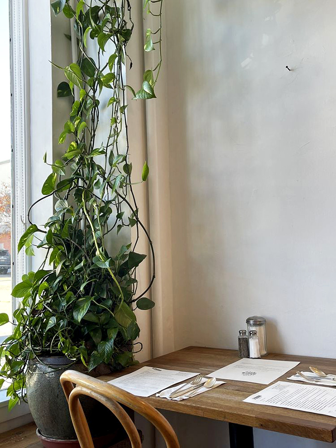 Nature finds its way indoors, with climbing vines creating a living wall next to tables set with menus promising morning delights beyond your standard breakfast fare.
