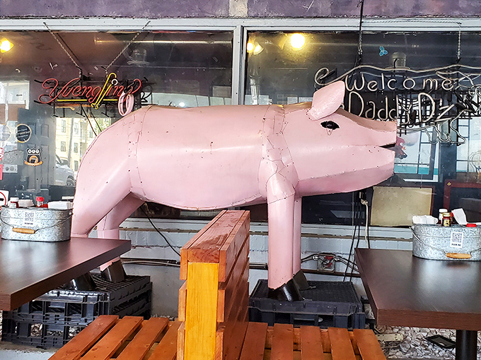 The pink pig isn't just decoration &ndash; it's the patron saint of pork, watching over diners with porky benevolence.