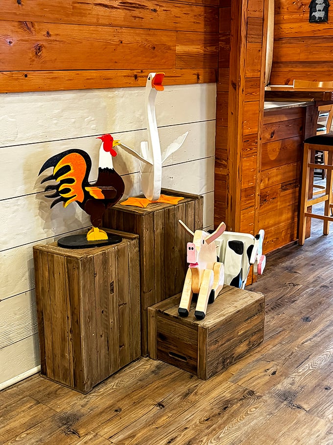 Whimsical farm animal decorations remind you that yes, you're definitely dining in a place that understands its barn-inspired roots.