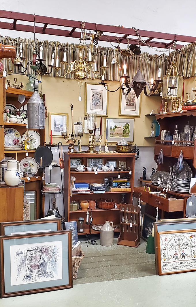 Chandeliers and table lamps create a warm glow over carefully arranged vignettes that make you want to redecorate your entire home in vintage splendor.