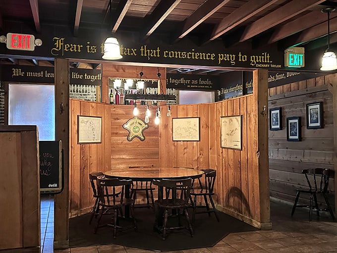 "Fear is the tax that conscience pay to guilt"&mdash;philosophical dining where the wooden booths have probably heard more confessions than most priests.