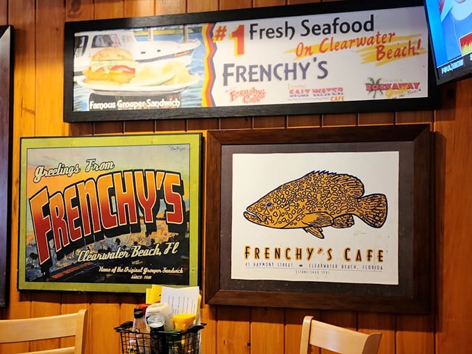 The walls tell stories of Clearwater's fishing heritage. These aren't decorations; they're badges of honor in a community that takes its seafood seriously.