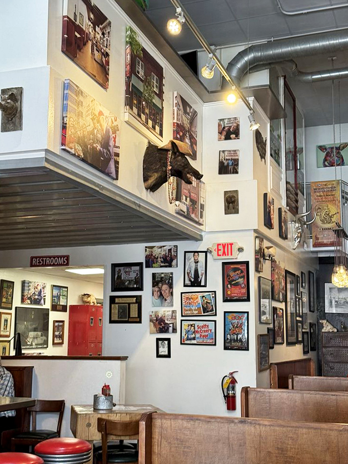Wall-to-wall memories and memorabilia create a museum of meat. The taxidermy reminds you where your delicious meal originated while photos document barbecue pilgrims past.