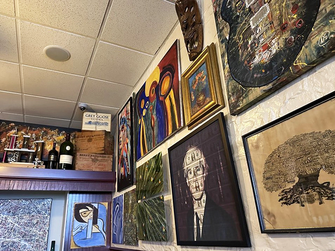 The art collection could rival small galleries, yet feels perfectly at home. Each piece adds character to a space already rich with personality. 