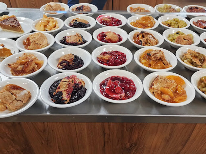 The dessert section&mdash;where dozens of fruit cobblers and puddings prove that happiness can indeed be served in small white bowls.