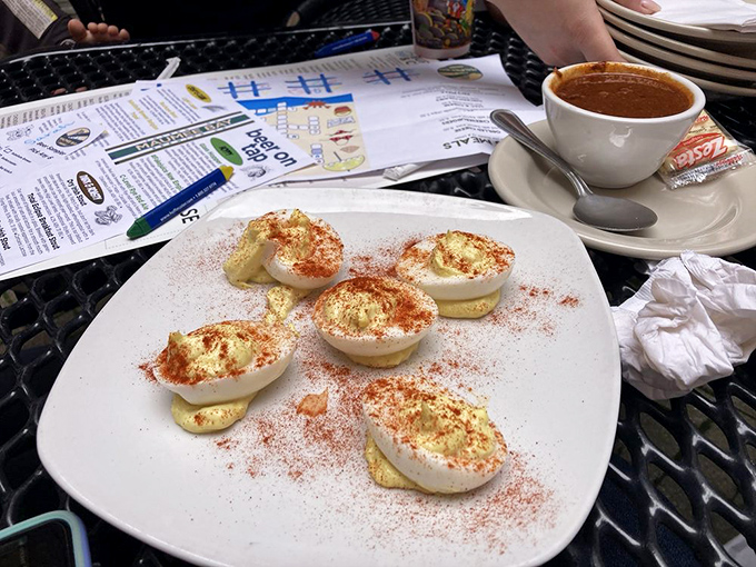 Deviled eggs elevated to art form, dusted with paprika. These aren't your grandmother's potluck staples&mdash;unless your grandmother was a culinary genius.