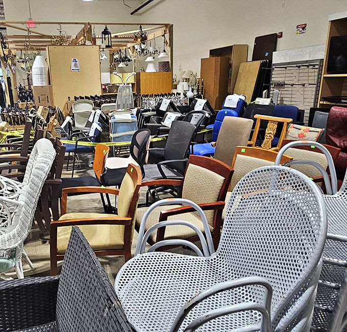Chair-apalooza! A gathering of seating options spanning decades of design trends. That wicker peacock chair is practically begging for a '70s revival.