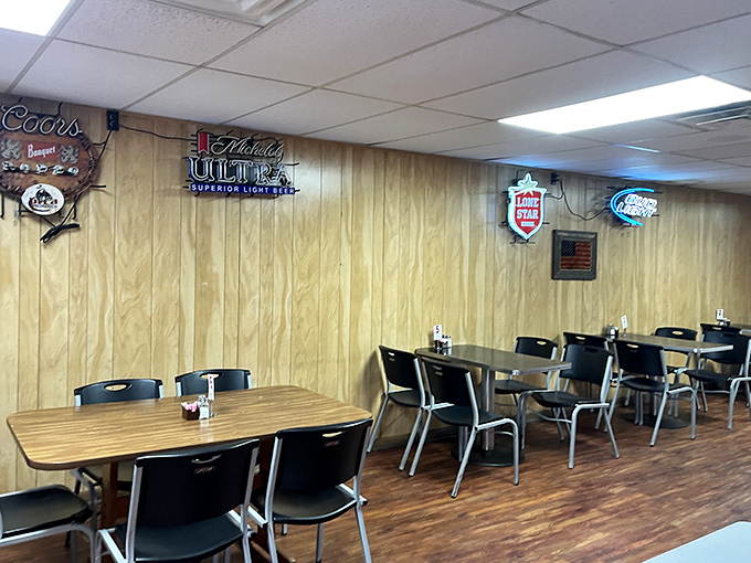 Simple tables, wood paneling, and neon signs – the timeless decor of places that put their energy into the food, not the frills.