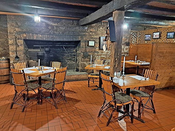 Original stone fireplace and rustic wooden tables create dining spaces that George Washington would recognize. History you can eat in.