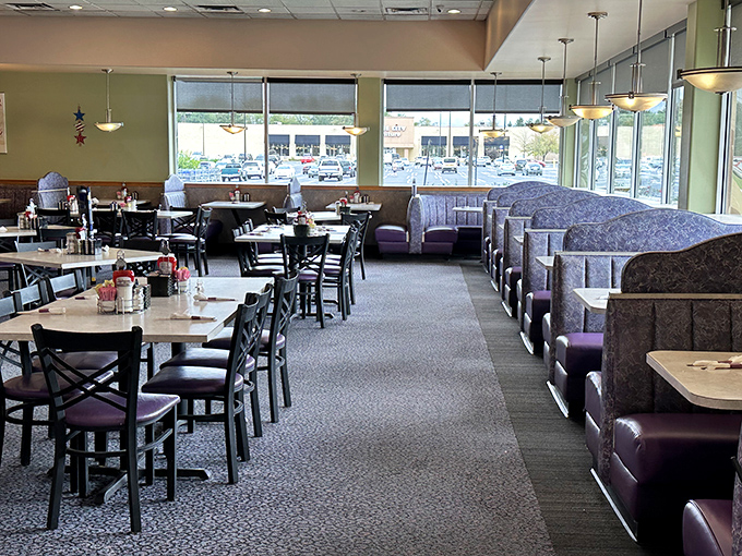 The dining room's purple booths and ample seating create that perfect "everybody knows your name" vibe without the bar tab.