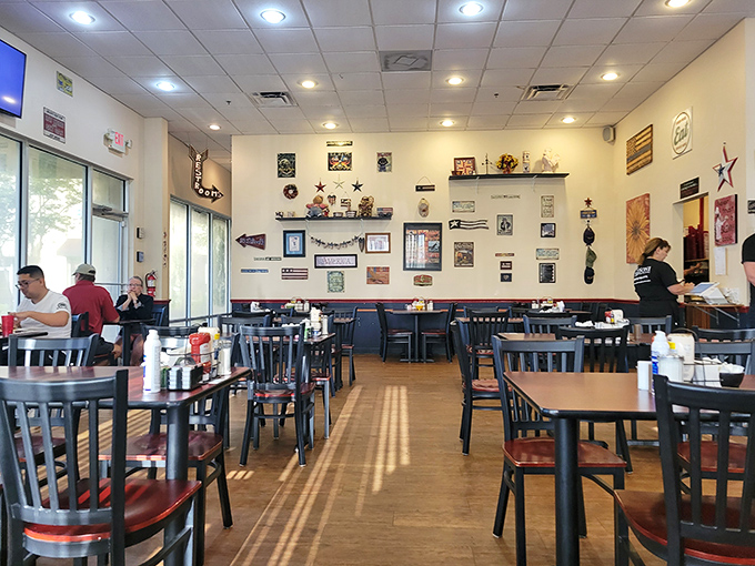 Sunlight streams through windows onto wooden tables where countless "pass the syrup" requests have been happily fulfilled over steaming plates.