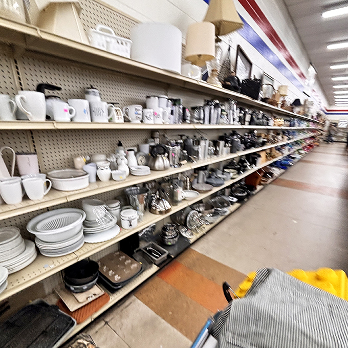 Dishes and cookware lined up like soldiers, ready to serve at your next dinner party triumph.