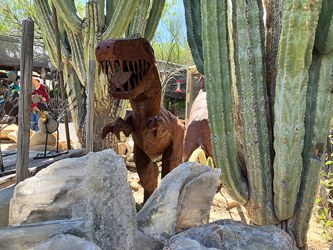 Even prehistoric creatures feel at home among these ancient-looking plants. Life, uh, finds a way&mdash;even when made of metal.