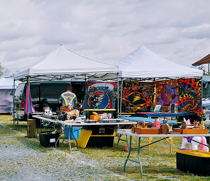A psychedelic wonderland of tapestries and treasures. This vendor's colorful display would make Jerry Garcia nod in tie-dyed approval.