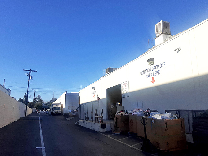 Behind-the-scenes at the donation area&mdash;where one person's decluttering becomes another's treasure trove. The circle of stuff continues.