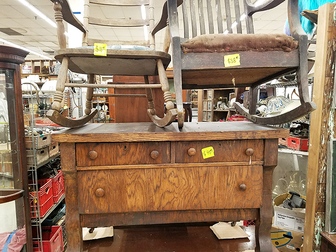 This weathered oak dresser has witnessed decades of history&mdash;now priced at just $45, it awaits its next chapter in someone's home. 