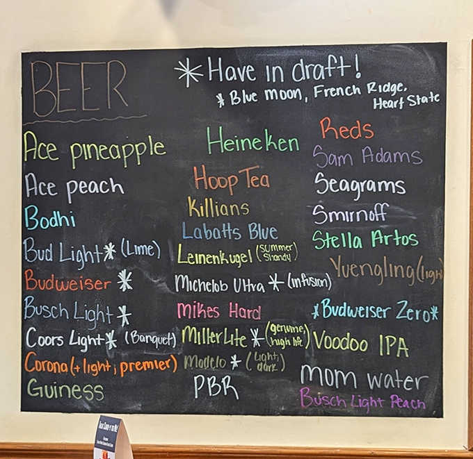 The drink menu chalkboard offers everything from craft beers to simple domestics&mdash;proving The Hangout knows its audience isn't defined by just one taste.