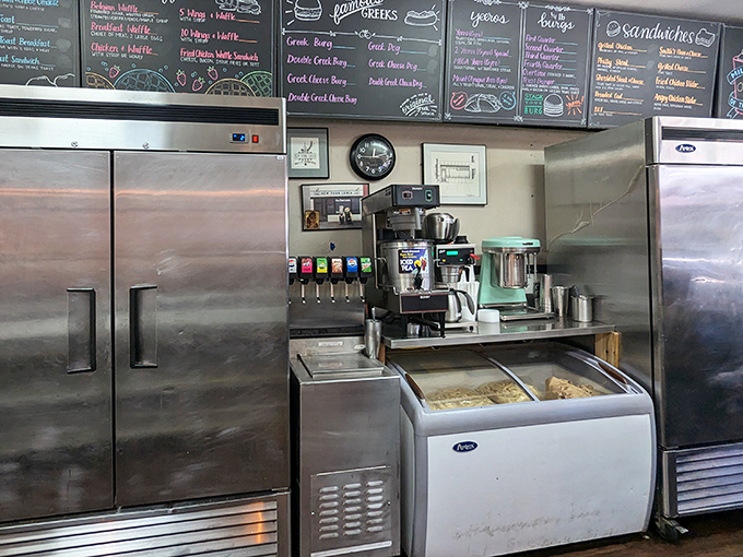 Behind the scenes, the drink station stands ready for the lunchtime rush&mdash;a caffeinated command center of diner operations.