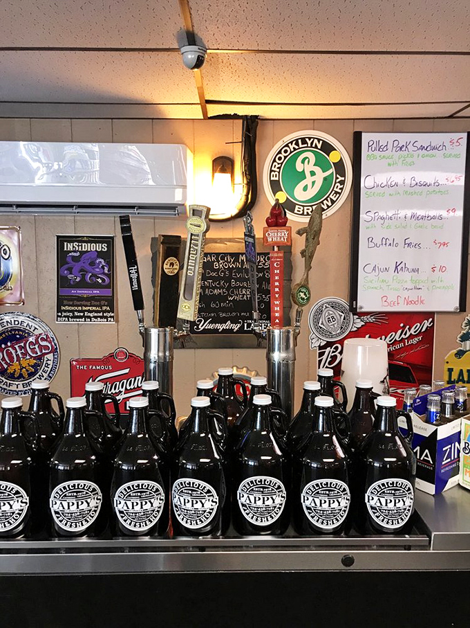 Growlers lined up like soldiers ready for duty &ndash; because sometimes great food deserves a proper beverage companion.