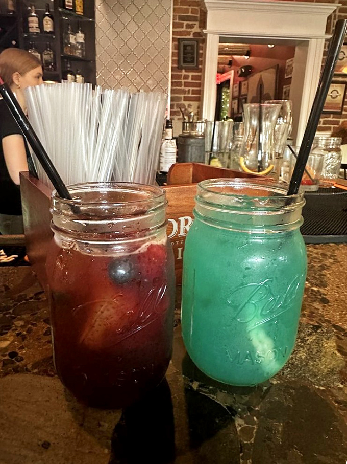 Mason jar cocktails that look like they contain equal parts booze and joy. One red, one blue&mdash;like delicious adult snow cones with a kick.