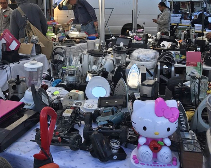 Small appliance chaos that would make Marie Kondo weep. Somewhere in this electronic jungle lurks the perfect blender, iron, or Hello Kitty speaker.