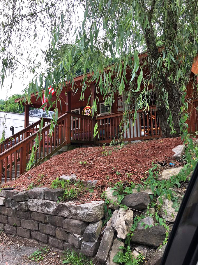 Weeping willows frame the rustic entrance like nature's own welcome committee. The wooden porch and mulched landscaping create a backyard vibe that says "stay awhile."