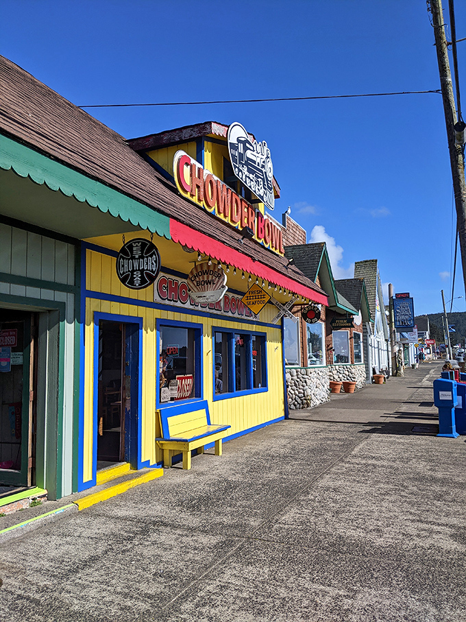 Sunshine bathes the yellow facade, making the Chowder Bowl look like the happiest little restaurant on the Oregon coast.
