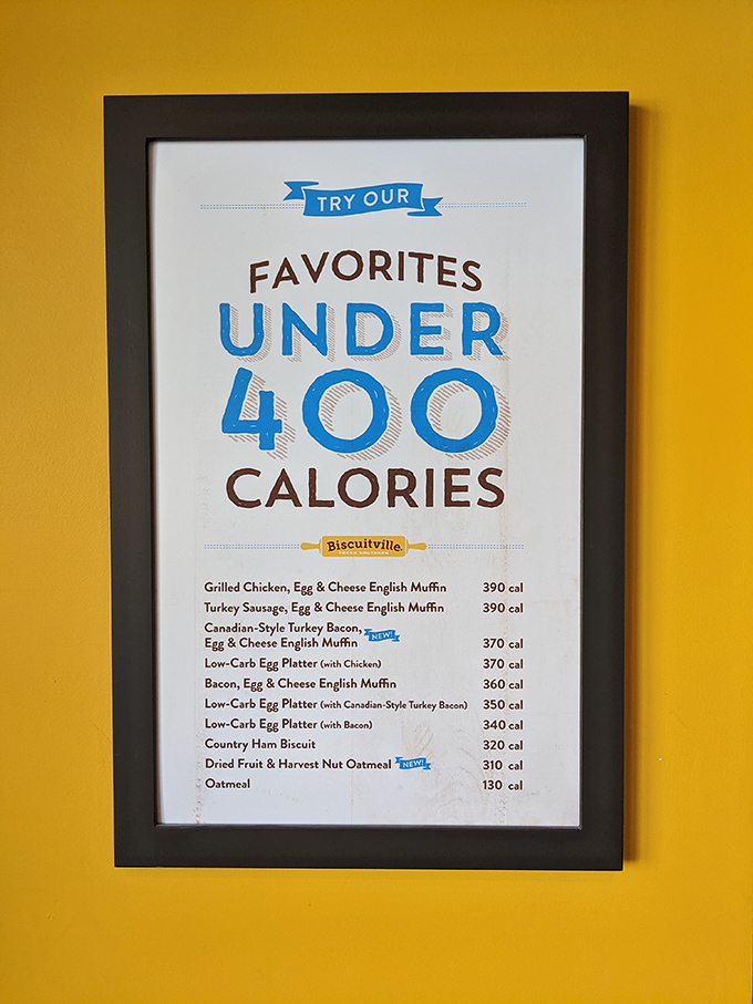The "Favorites Under 400 Calories" sign proves you can have your biscuit and eat it too, without completely abandoning your health goals.