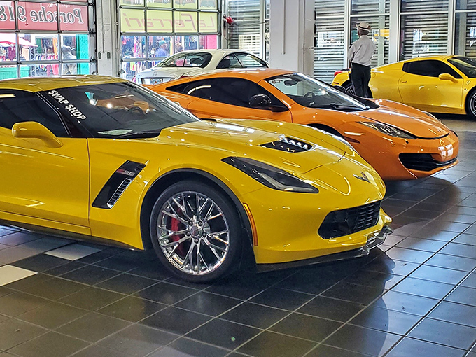 Ferrari displays prove that even window shopping here comes with a side of automotive dreams.