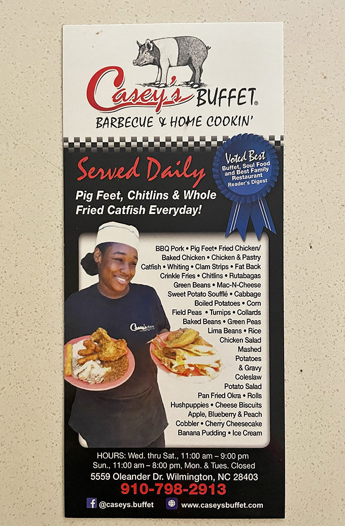 The menu flyer proudly announces "Pig Feet, Chitlins & Whole Fried Catfish Everyday!" This isn't food for the timid&mdash;it's a celebration of tradition.