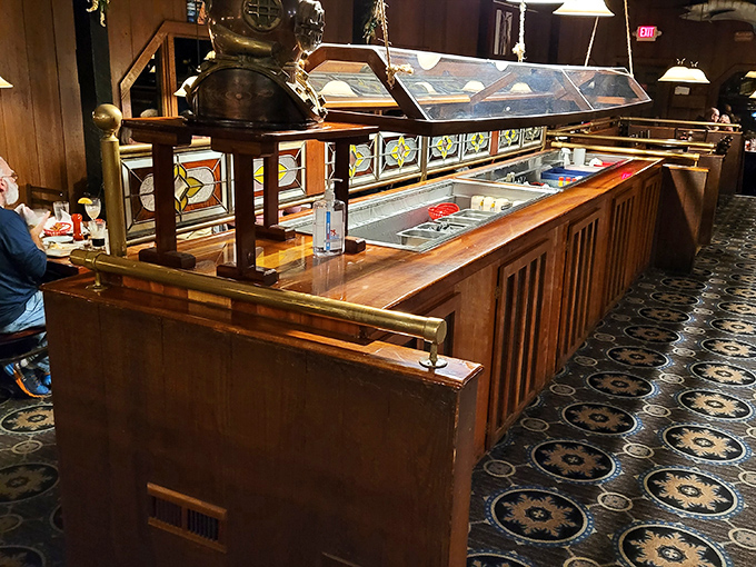 The salad bar isn't just a prelude&mdash;it's a beautifully crafted opening act with stained glass accents worthy of a maritime cathedral.