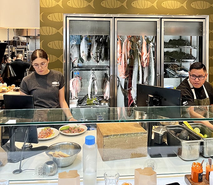 Behind glass, the day's catch awaits transformation&mdash;a display case that's equal parts promise and temptation.