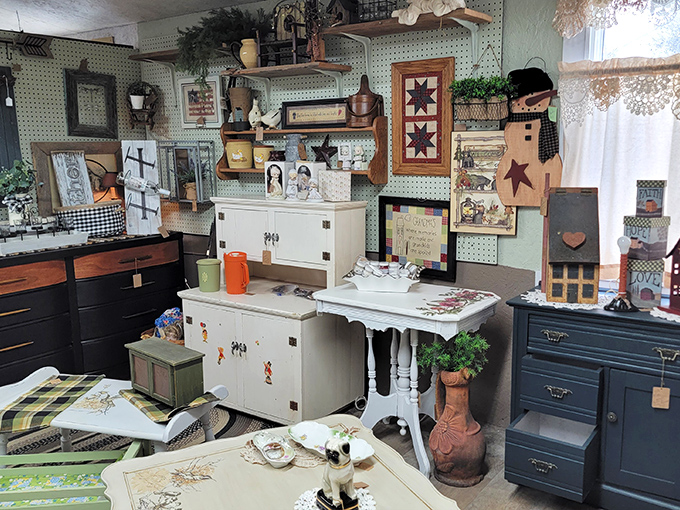 This charming country-style display combines primitive decor with farmhouse chic, proving that yesterday's furniture makes today's homes uniquely inviting.