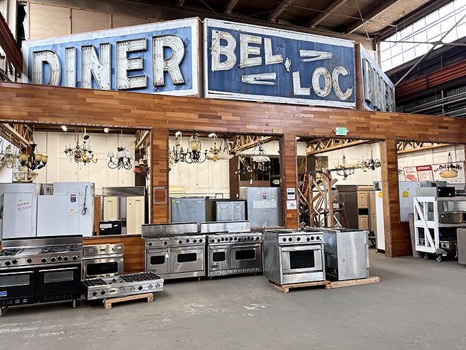Vintage "DINER" signage crowns a collection of commercial kitchen equipment. Your home chef fantasies are just one industrial range away from reality.