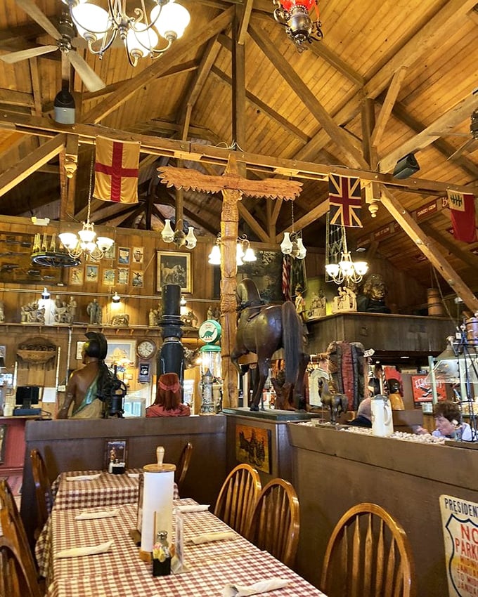 Vaulted ceilings, international flags, and enough antiques to film a period drama &ndash; dining here is part meal, part time travel experience.