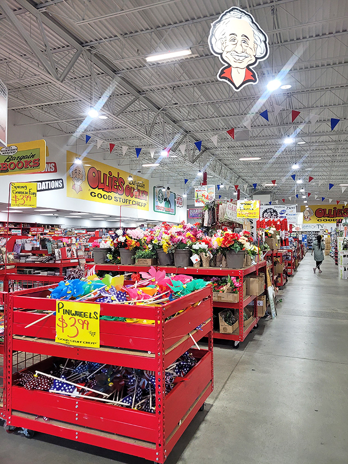 Festive finds everywhere! The colorful pennants overhead add to the carnival atmosphere where shopping feels like winning prizes.