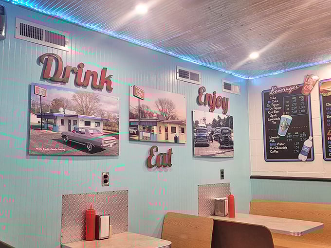 "Drink, Enjoy, Eat" commands the wall art, as if anyone needed encouragement in a place where nostalgia is served alongside every meal.