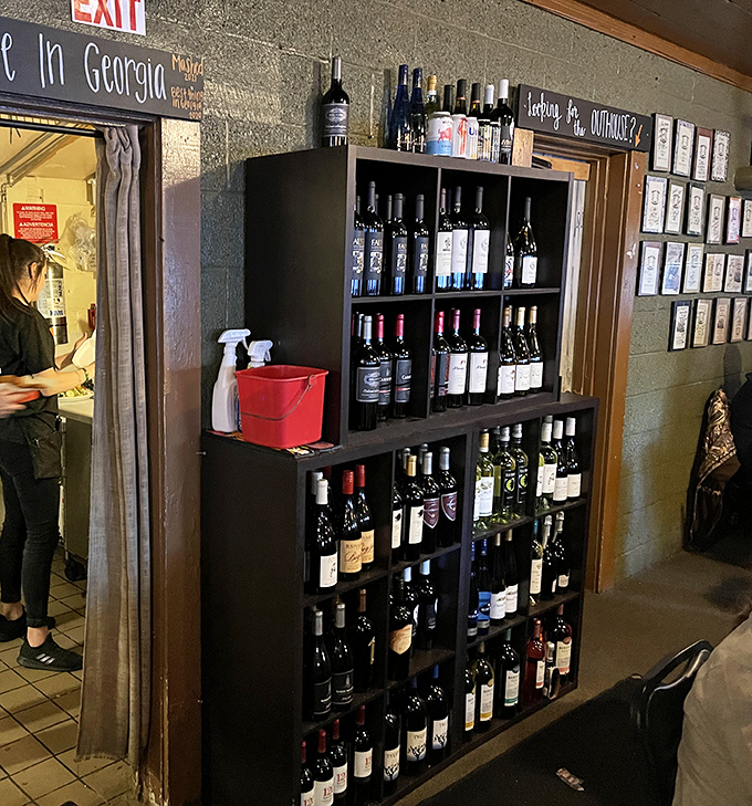 The wine selection might surprise you. This wall of bottles proves Hunters understands that sometimes you want something besides sweet tea with dinner.