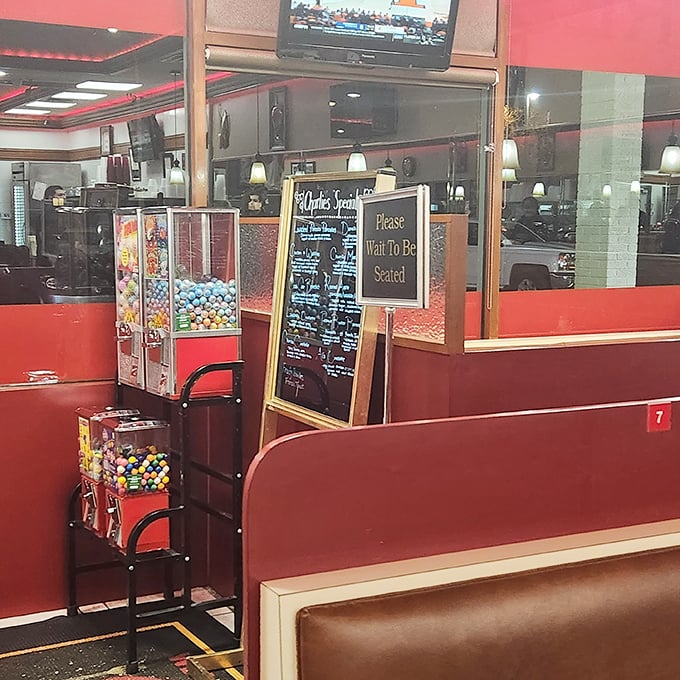 Old-school charm meets practical comfort &ndash; candy machines for the kids and "Please Wait to Be Seated" signs for the grown-ups who appreciate order.