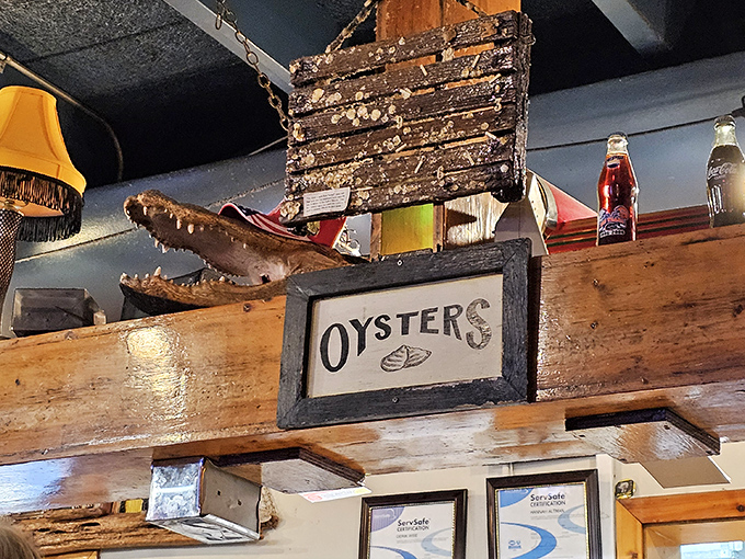 That alligator head watching over the dining room isn't just decor&mdash;it's quality control making sure every oyster meets Florida standards.