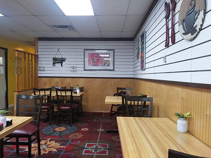 Cozy booth seating and Southwestern carpet patterns create an atmosphere where conversations flow as smoothly as syrup.