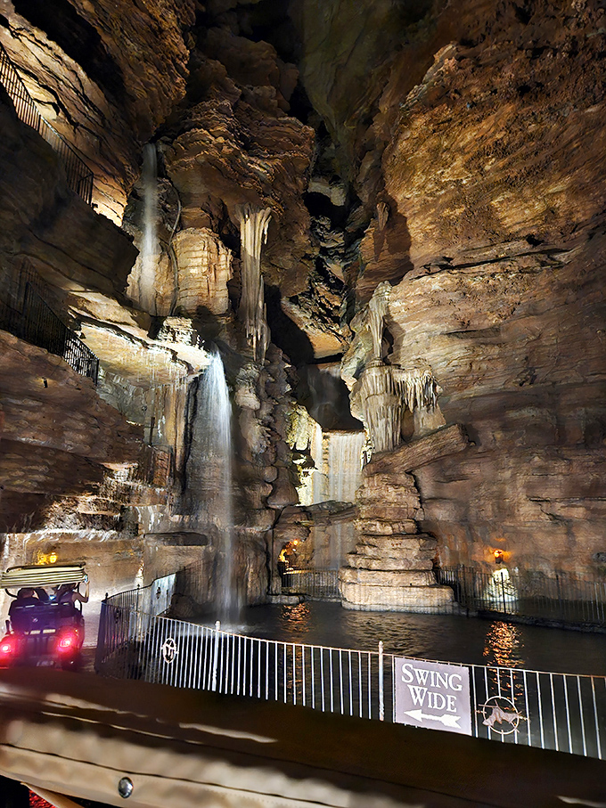 A stunning underground waterfall creates the ultimate dinner theater backdrop you never knew you needed.