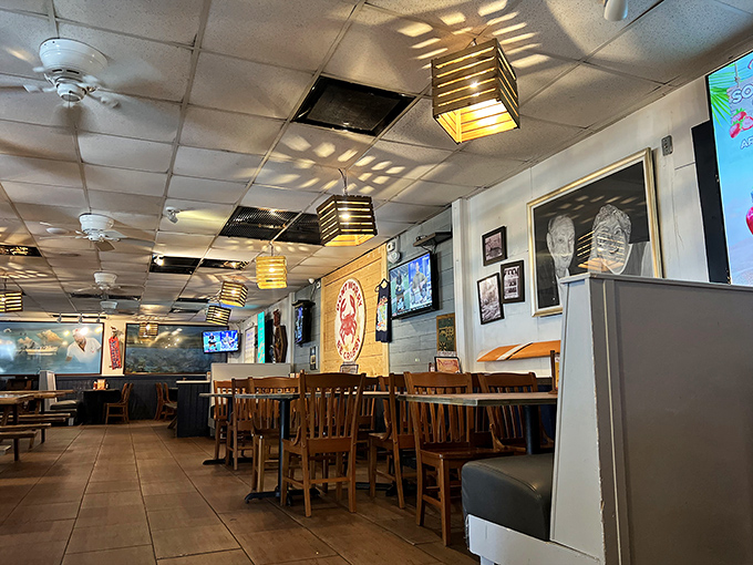Another dining area where wooden chairs and nautical touches remind you that great seafood doesn't need fancy surroundings to shine.