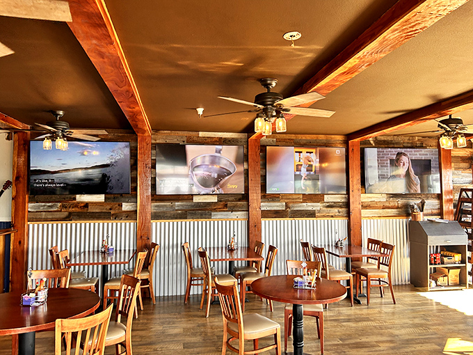 Exposed beams and nautical touches create an atmosphere that's both rustic and refined without trying too hard.