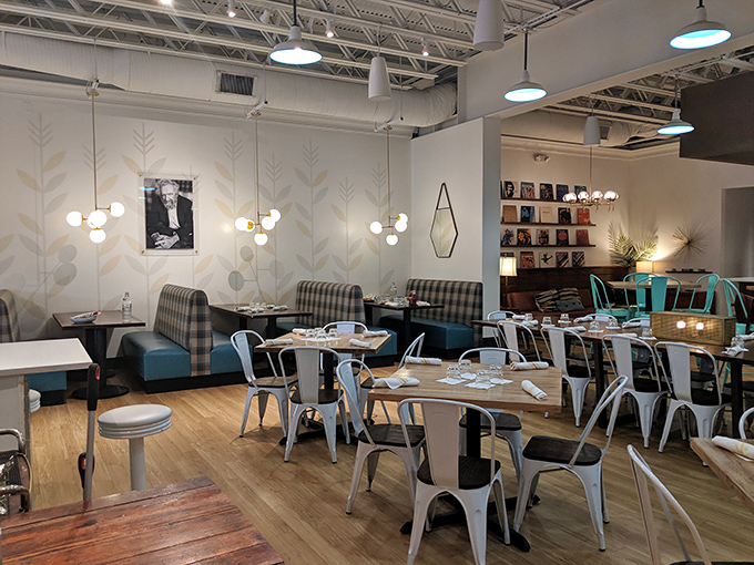 Another angle of breakfast paradise, where those industrial ceilings make even eating eggs feel sophisticated.