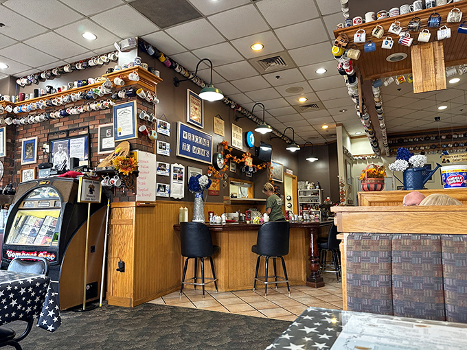 The interior wraps you in warmth with coffee mugs collections and memories decorating every available wall space.