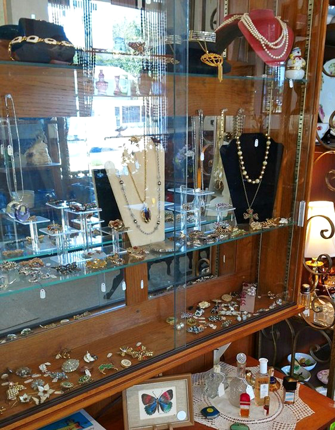 Vintage jewelry waits behind glass, each piece whispering tales of special occasions, first dates, and celebrations from decades past.