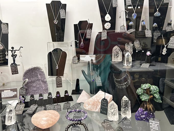Sparkling jewelry displays showcase decades of special occasions, anniversaries, and treasured moments from the past.