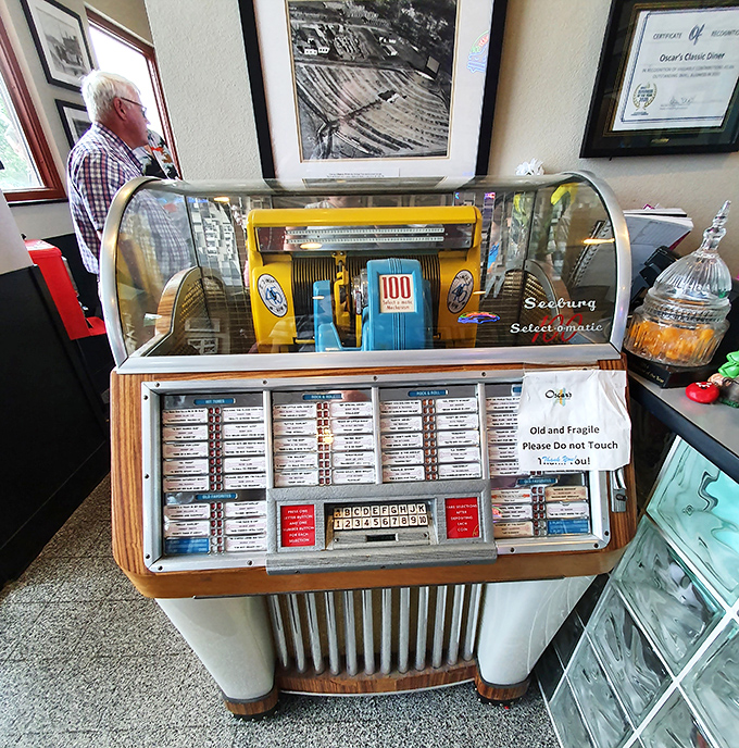Not just decoration, this vintage Seeburg jukebox stands as a sentinel of simpler times. If only it could play the symphony of sizzling bacon.